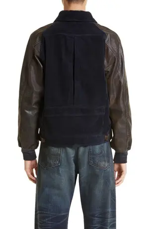 Double Rl Logo Leather Sleeve Corduroy Varsity Jacket In Black